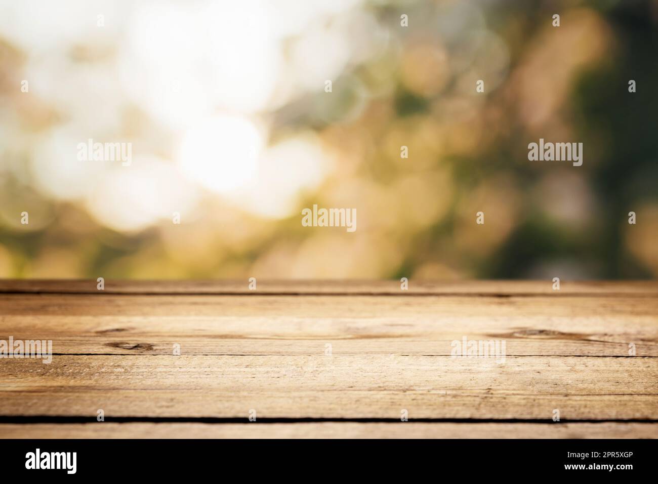 Empty blank wooden plank, deck or table with defocused green trees ...