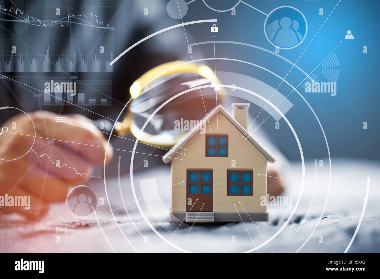 Businessman Holding Magnifying Glass Over House Model Stock Photo - Alamy