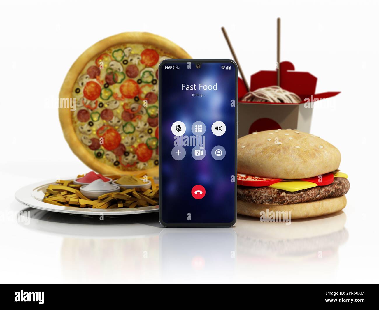 Fast foods and smartphone with fast food calling screen. 3D ...