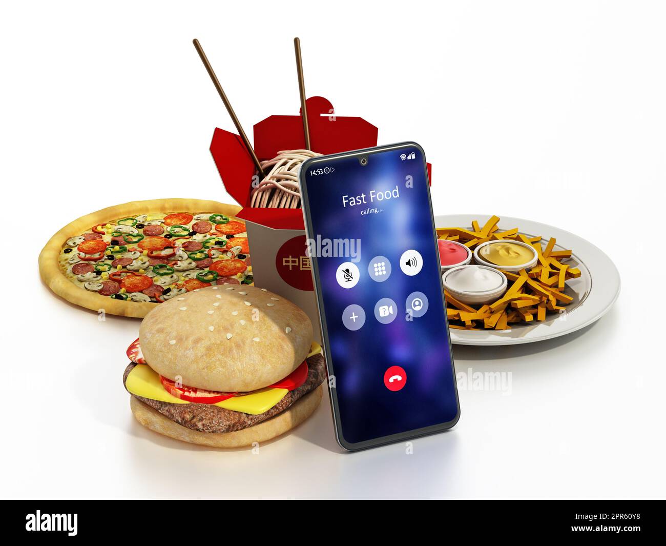 Fast foods and smartphone with fast food calling screen. 3D ...