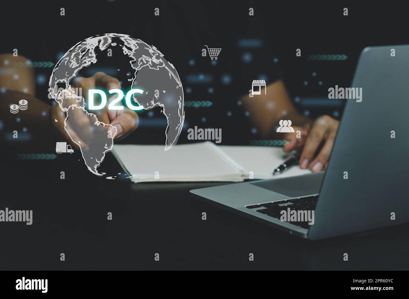 Business man use computer laptop symbol Direct to Consumer D2C virtual ...