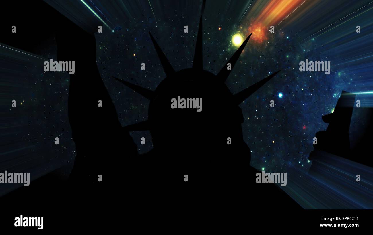 Statue of liberty against Stars in the night with light rays Stock ...