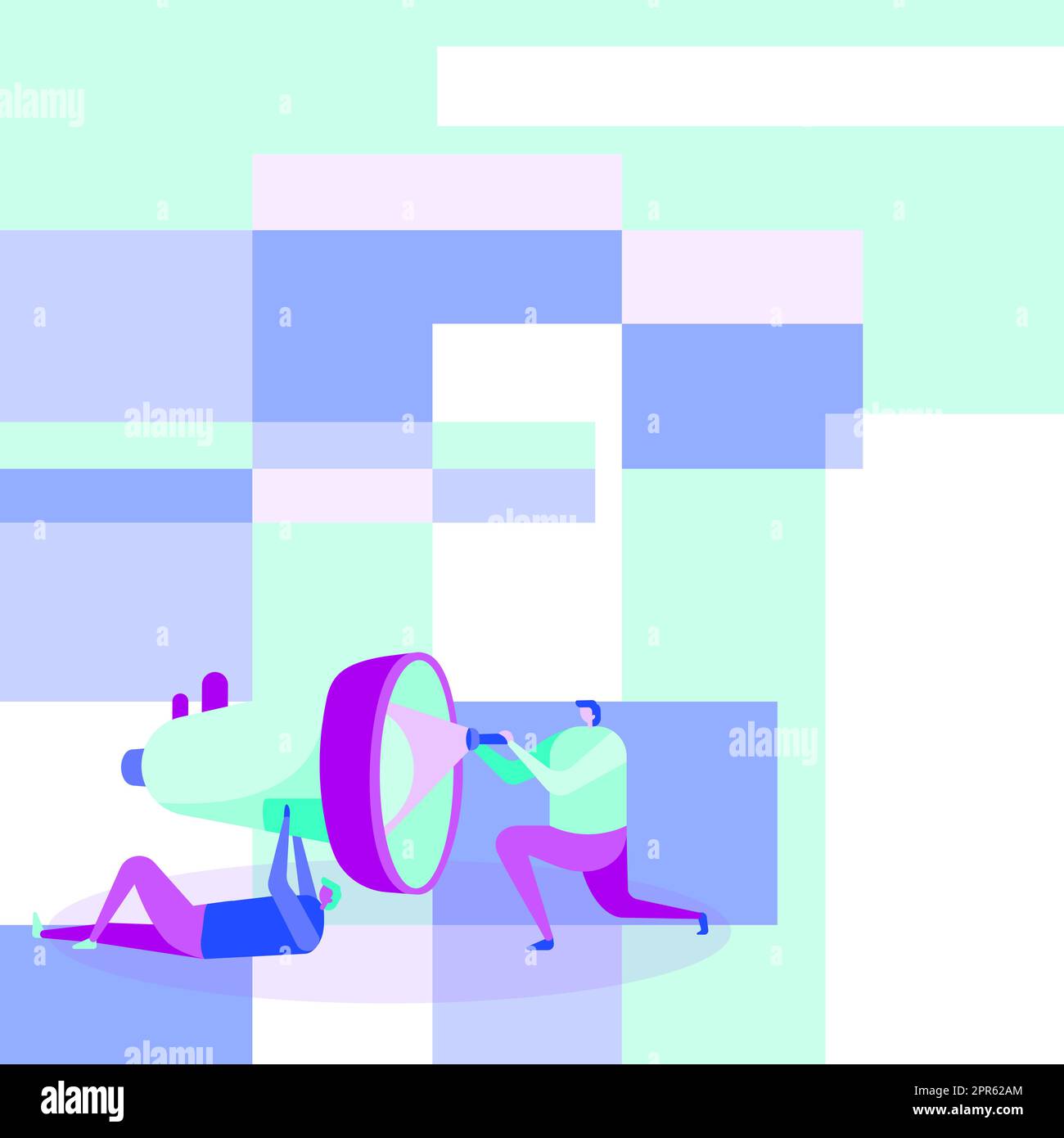 Illustration Of Workers Helping Each Other Using Flashlight To Fix ...