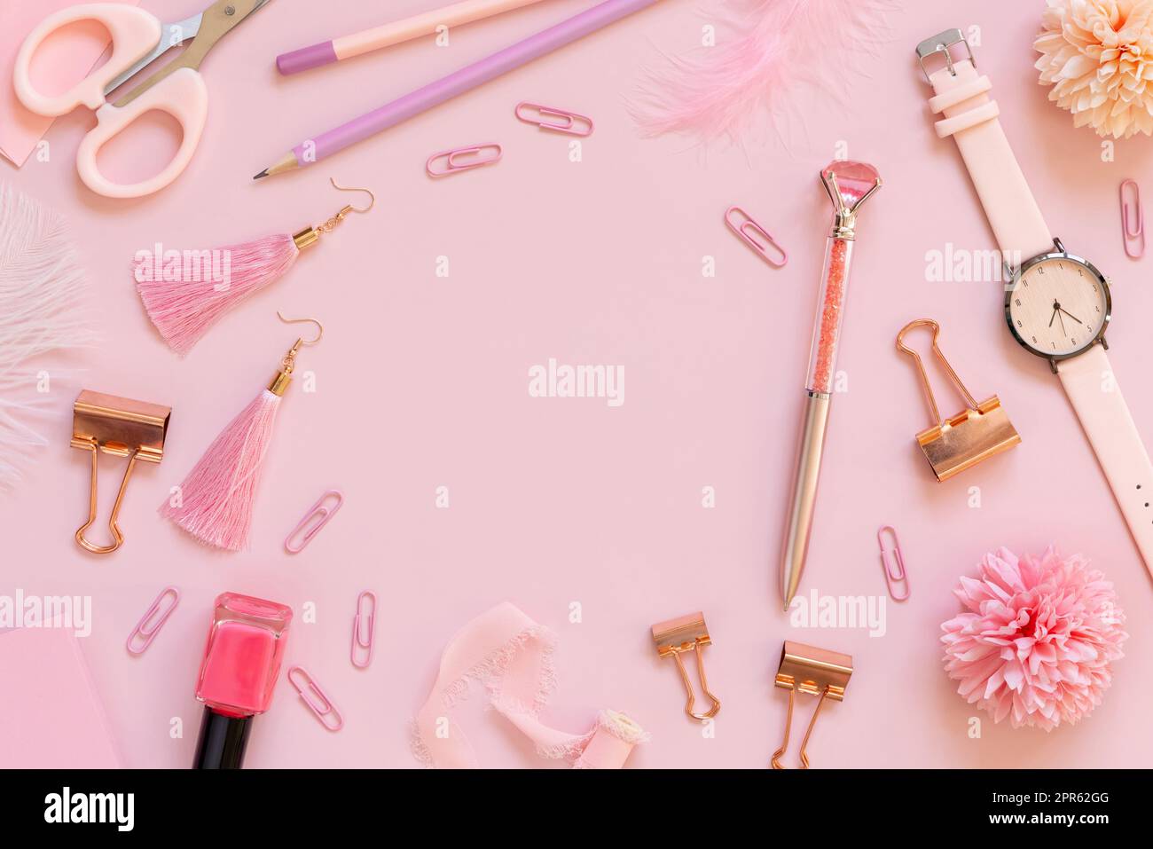 Pink school girly accessories and stationery on pastel pink Top view ...