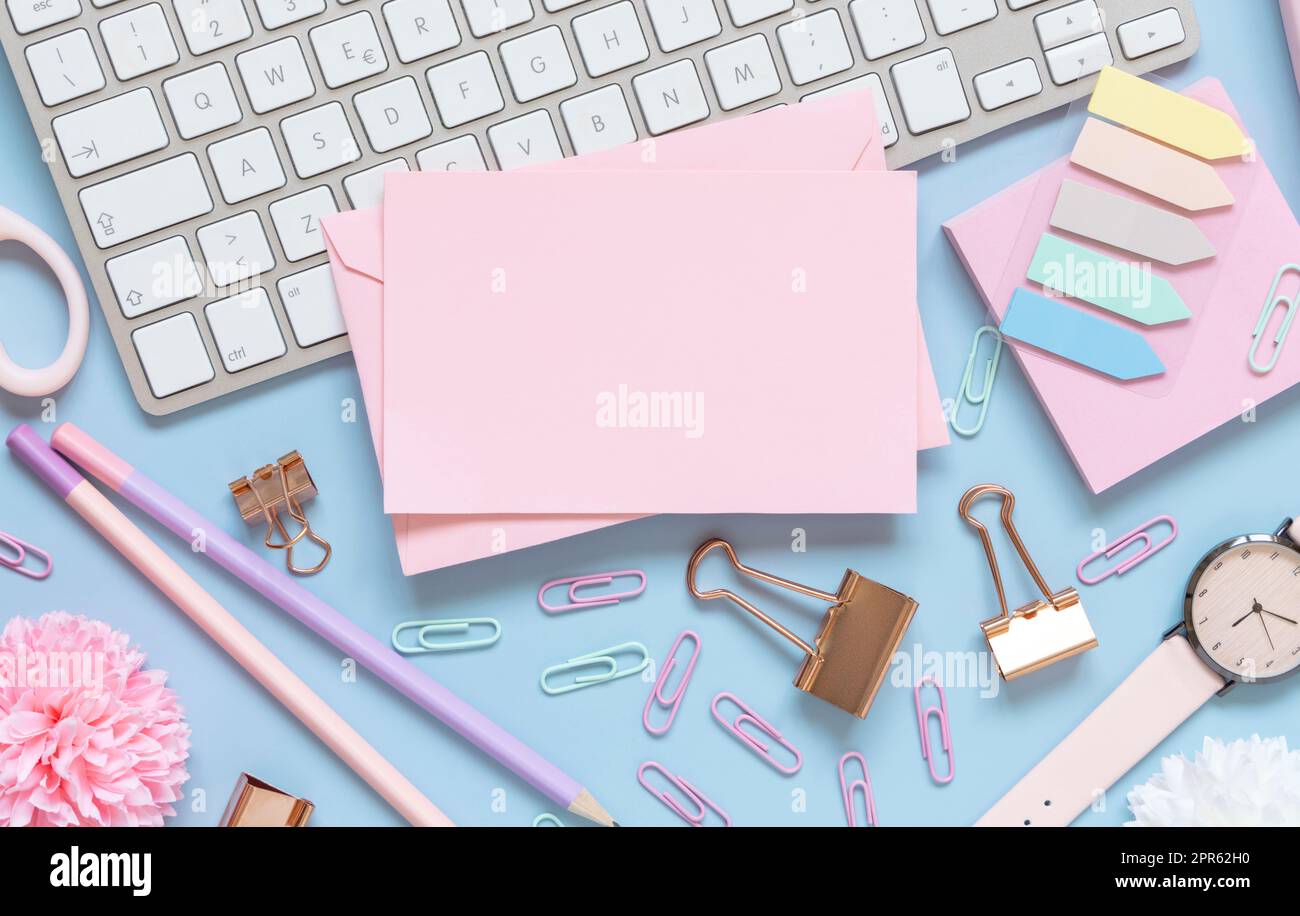 Paper card, Pink school girly accessories and keyboard on light blue ...