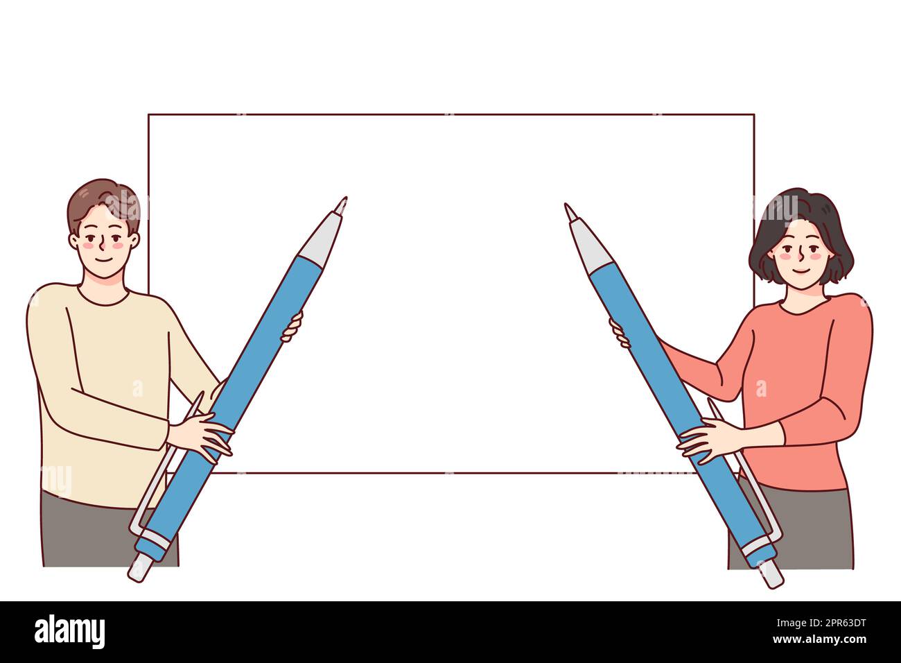 People with huge pens standing near big empty paper sheet. Man and ...