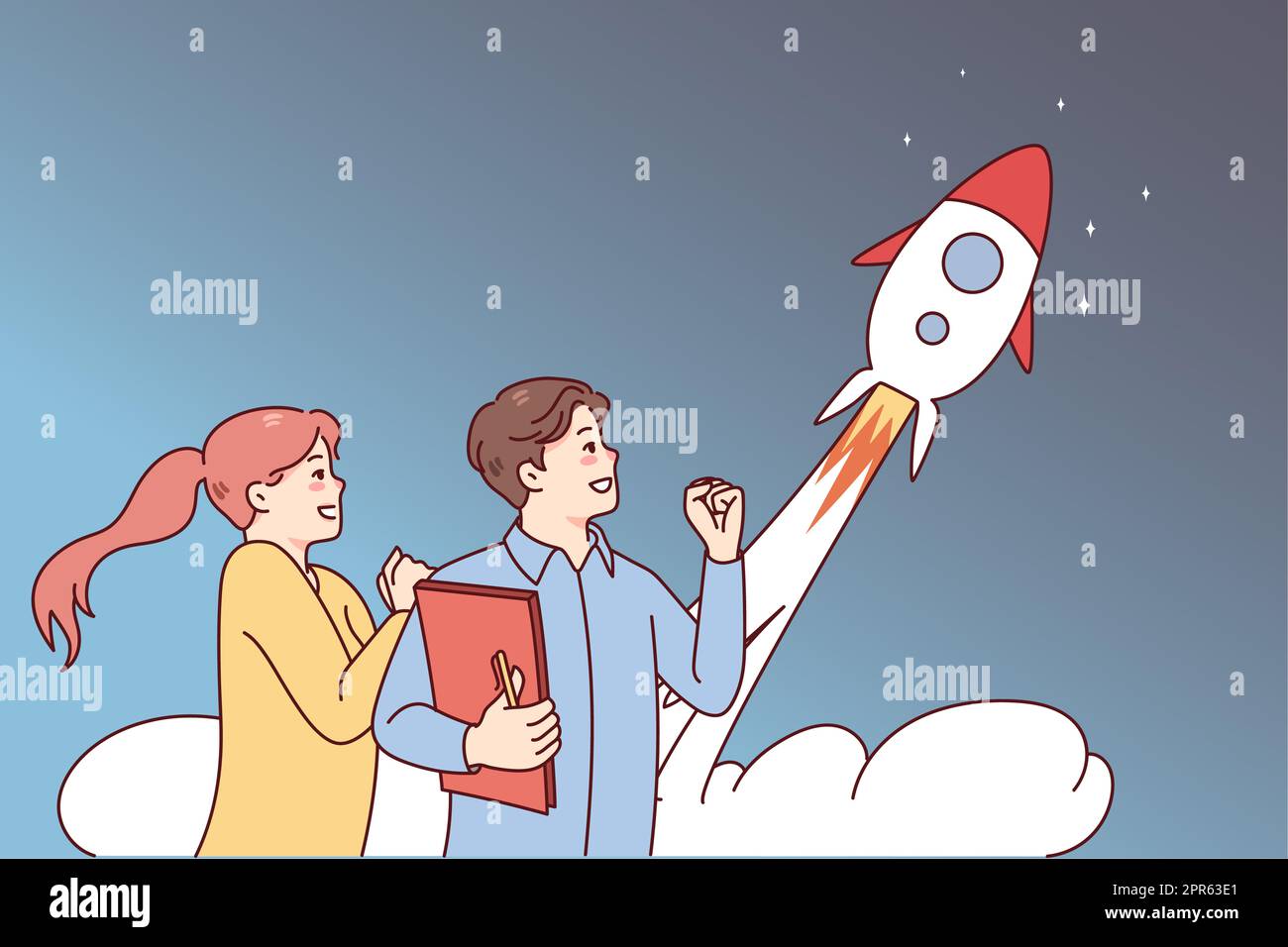 People excited about rocket flying in sky. Businesspeople celebrate ...