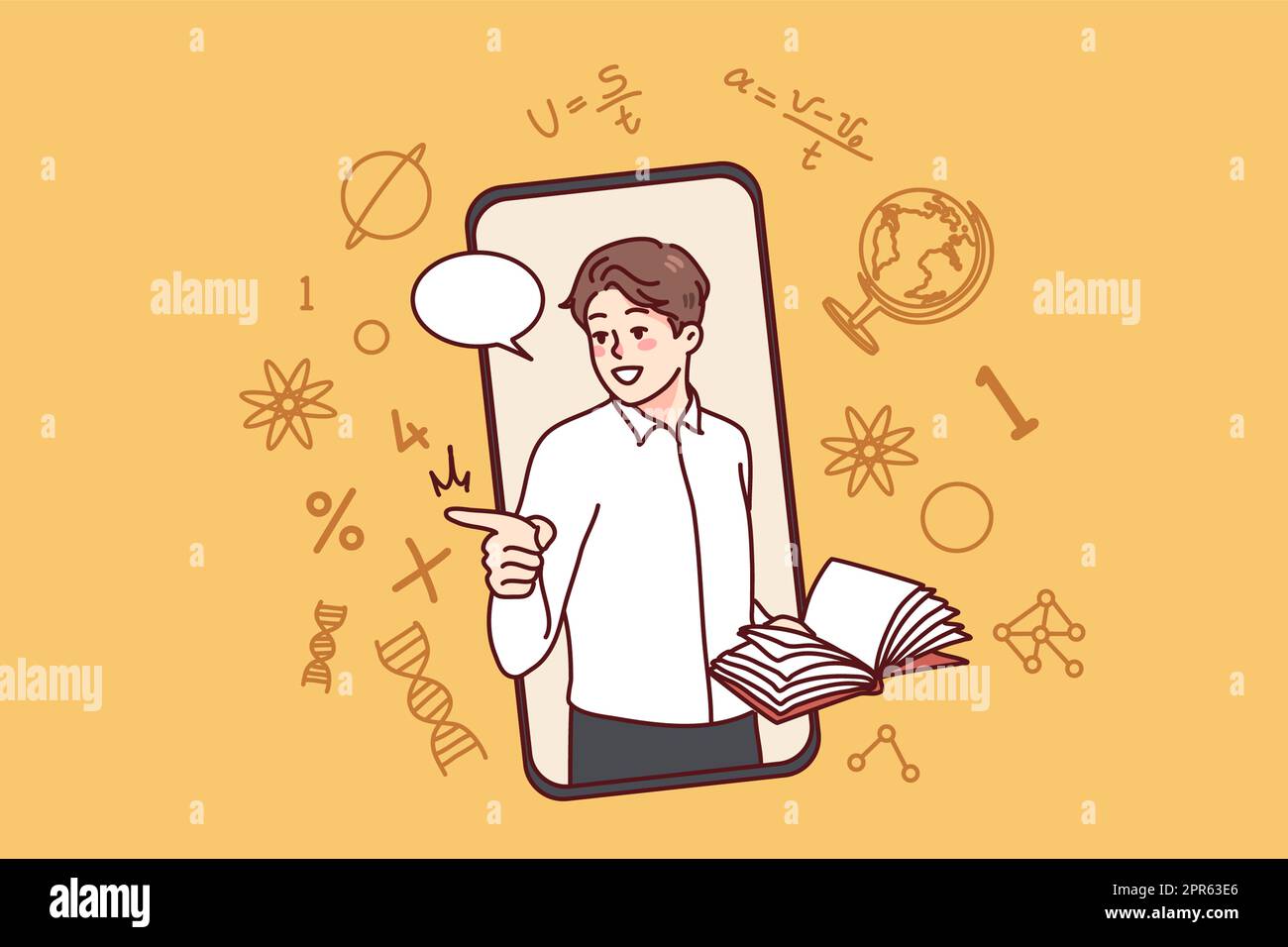 Male teacher holding book having online lesson on cellphone. Smiling ...