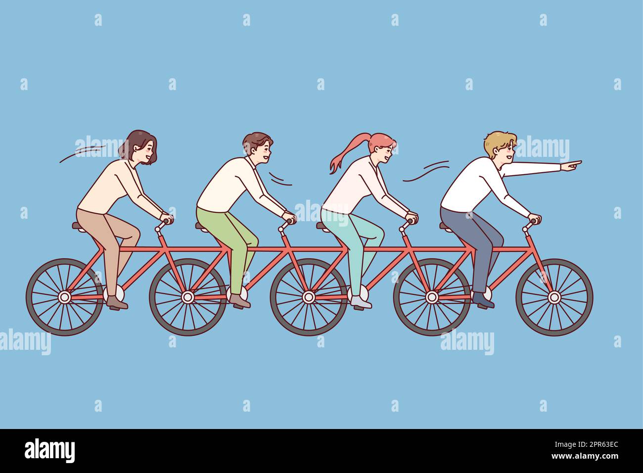 People riding one bike together. Business team on bicycle engaged in ...