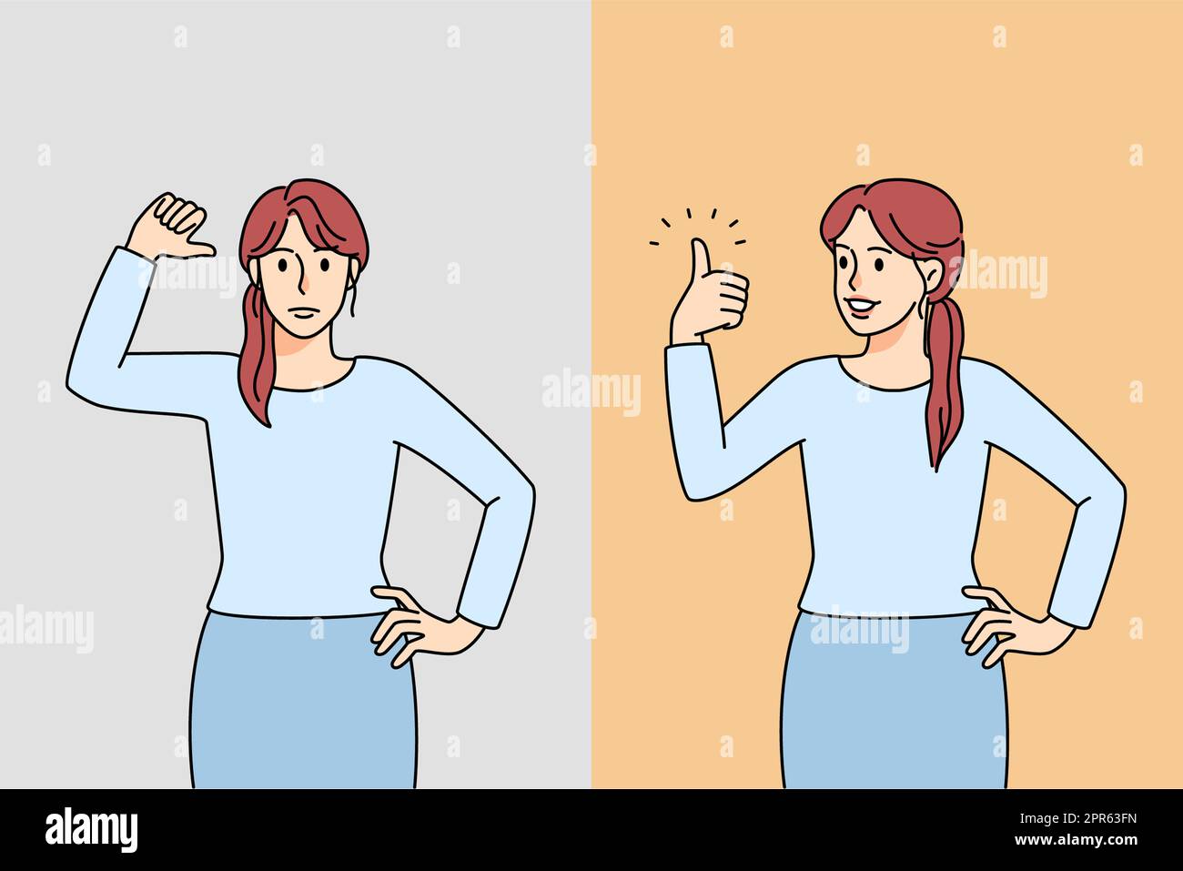 Woman showing thumb up and down for approval or disapproval. Female ...