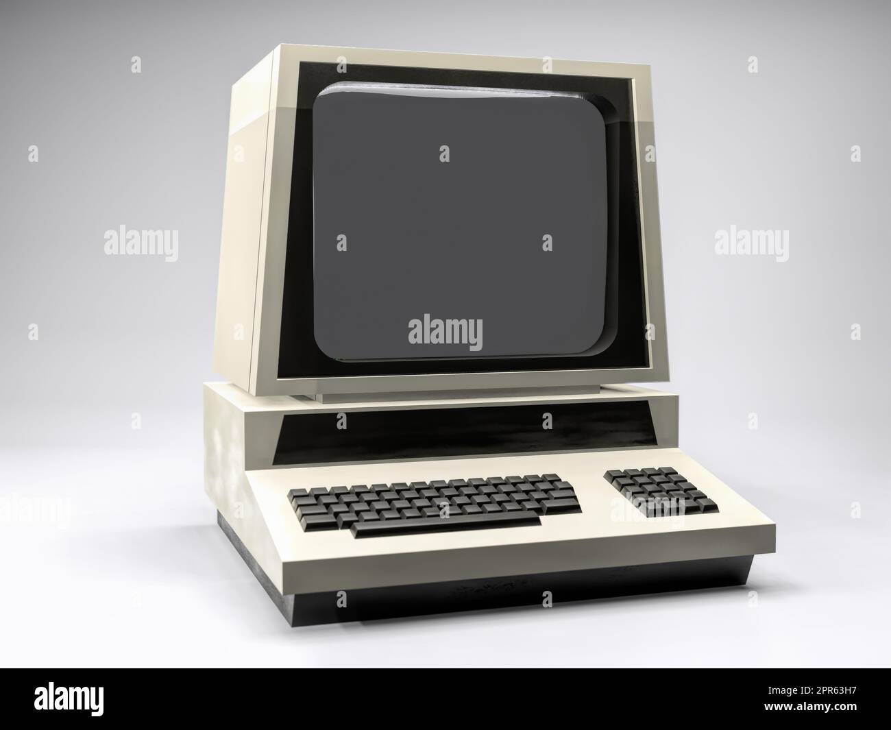3d render of old retro computer station with monitor over white ...