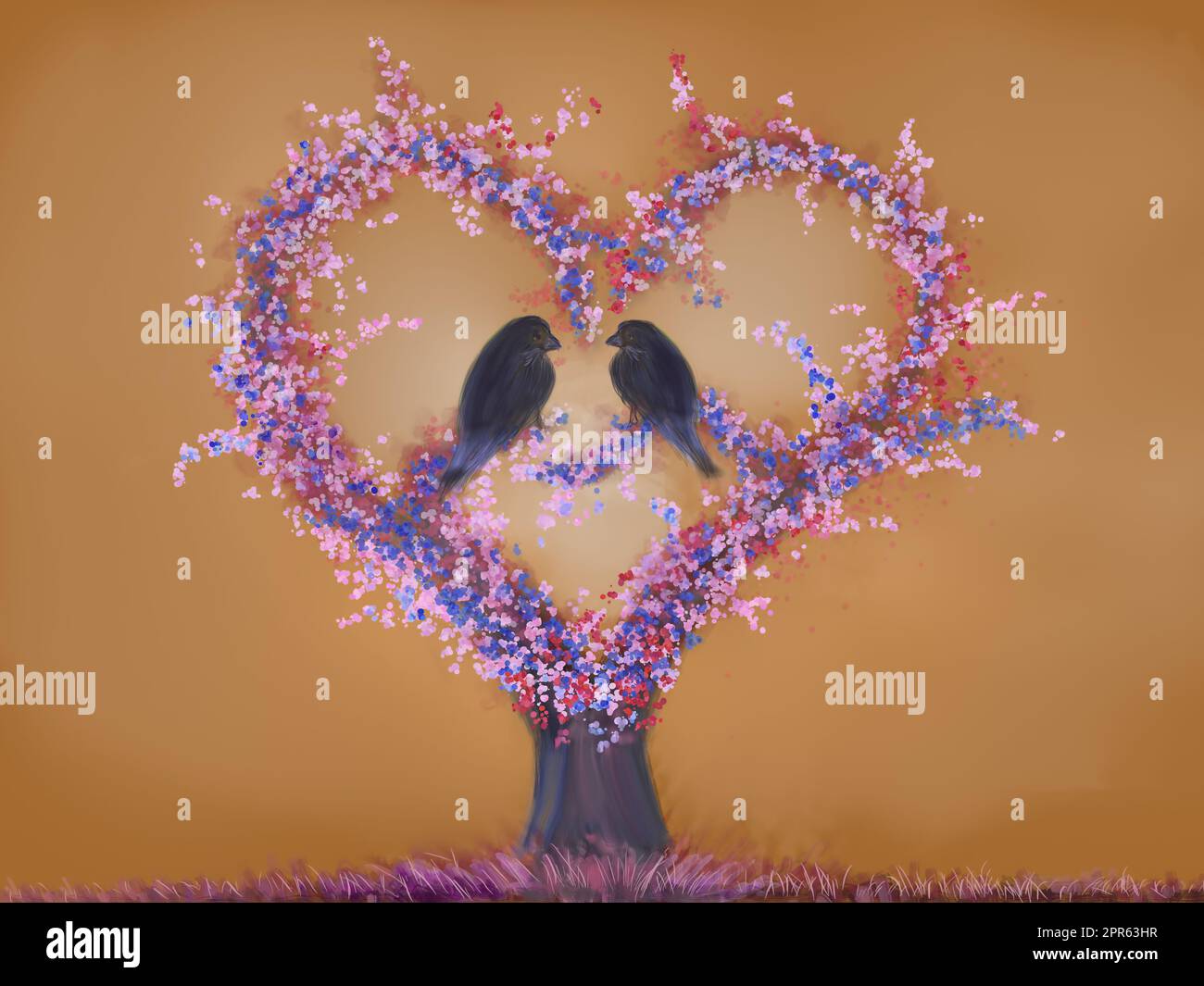Illustration of pair of birds in love heart-shaped tree Stock Photo - Alamy