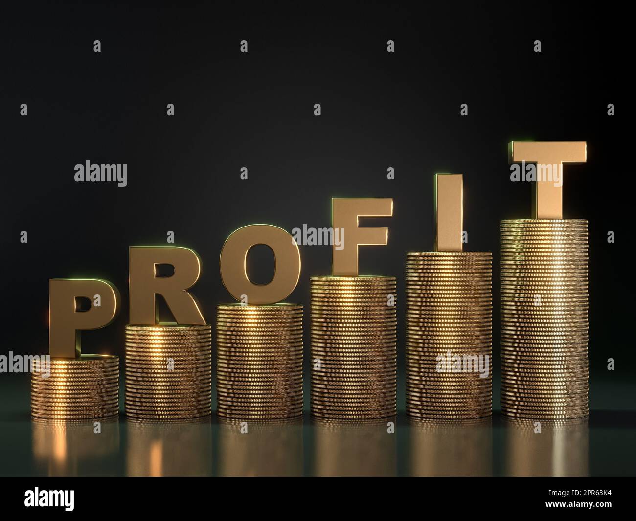 3D rendering of golden Profit word placed on piles of golden coins ...