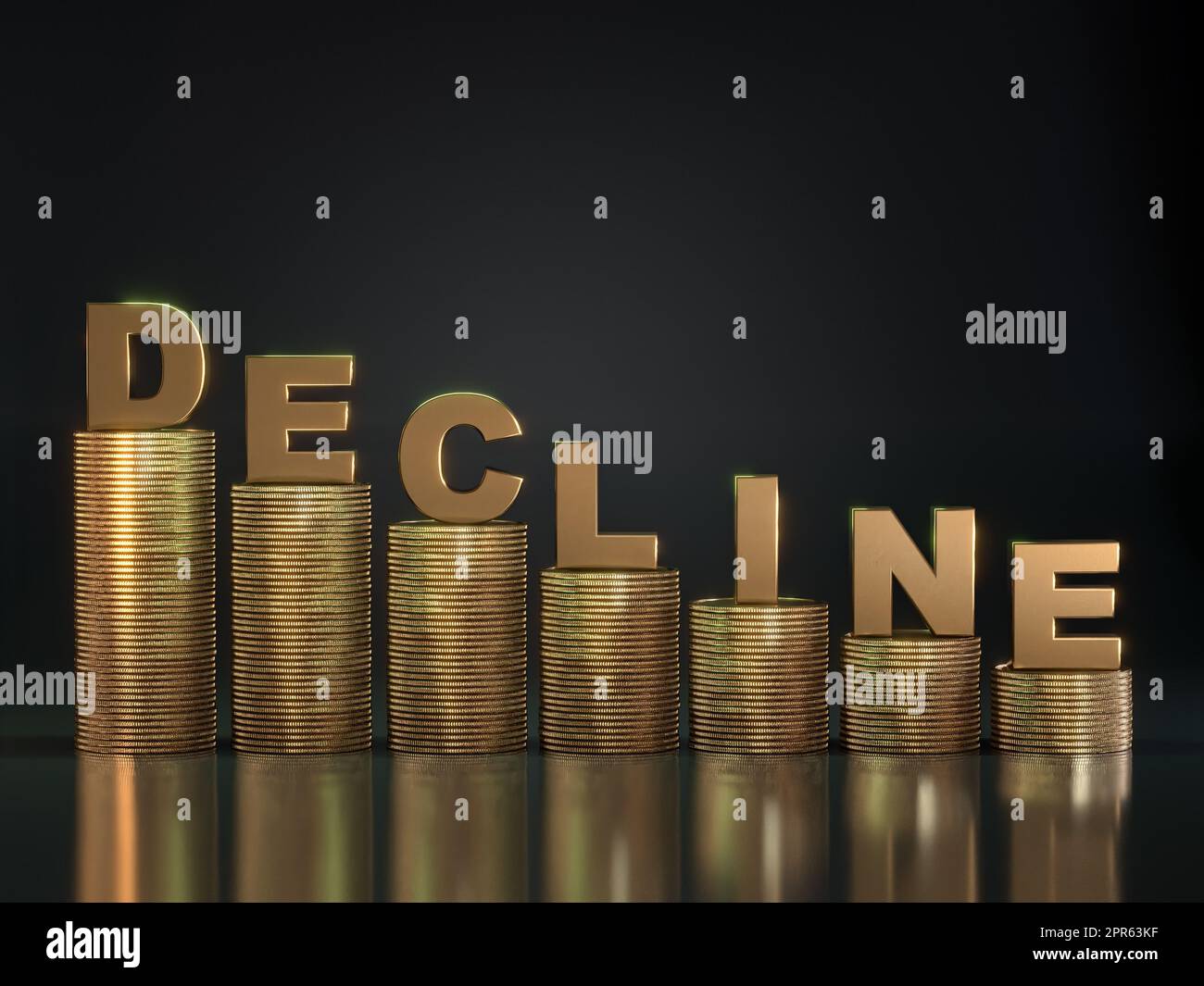 Golden Decline word placed on piles of golden coins arranged in ...