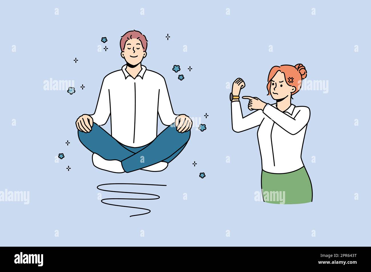 Calm man meditate at work, angry boss stressed about deadline. Relaxed ...