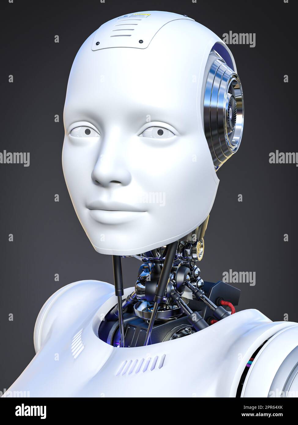 3D rendering head portrait of an android robot woman front view. Dark background. Artificial ...