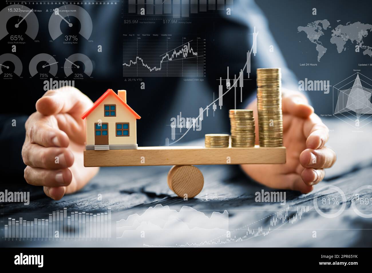 Businessperson Protecting House Model And Stacked Coins Stock Photo - Alamy