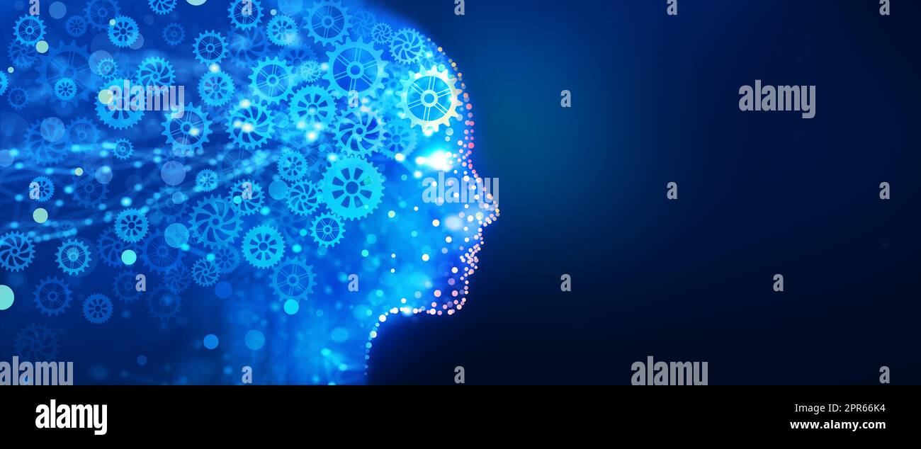Human head with a luminous cog wheel. Creative brain gear, idea ...