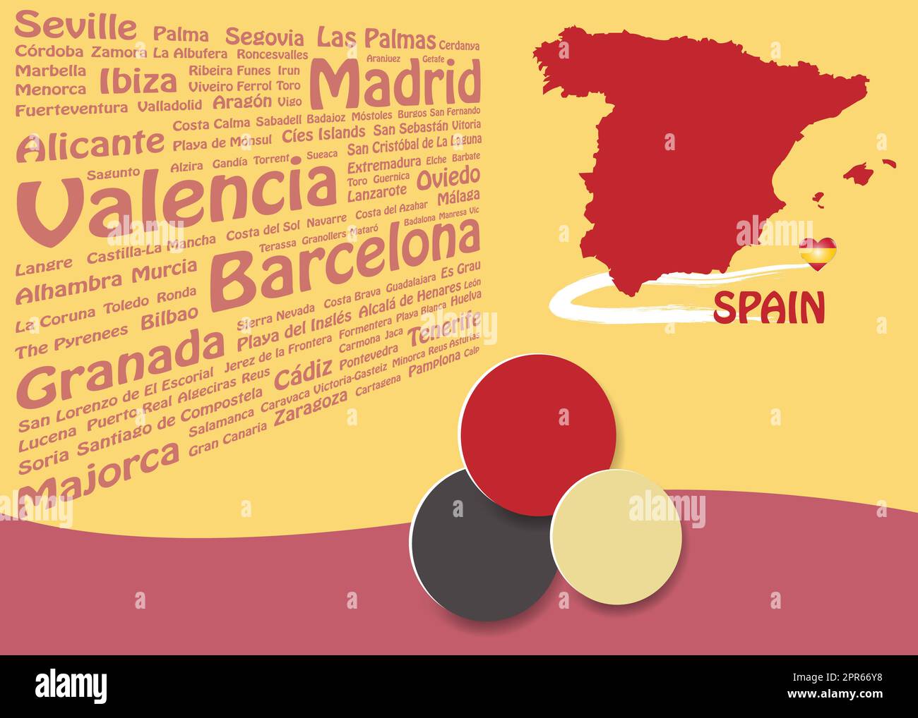 Travel to Spain concept with map of Spain. Names of the most famous ...
