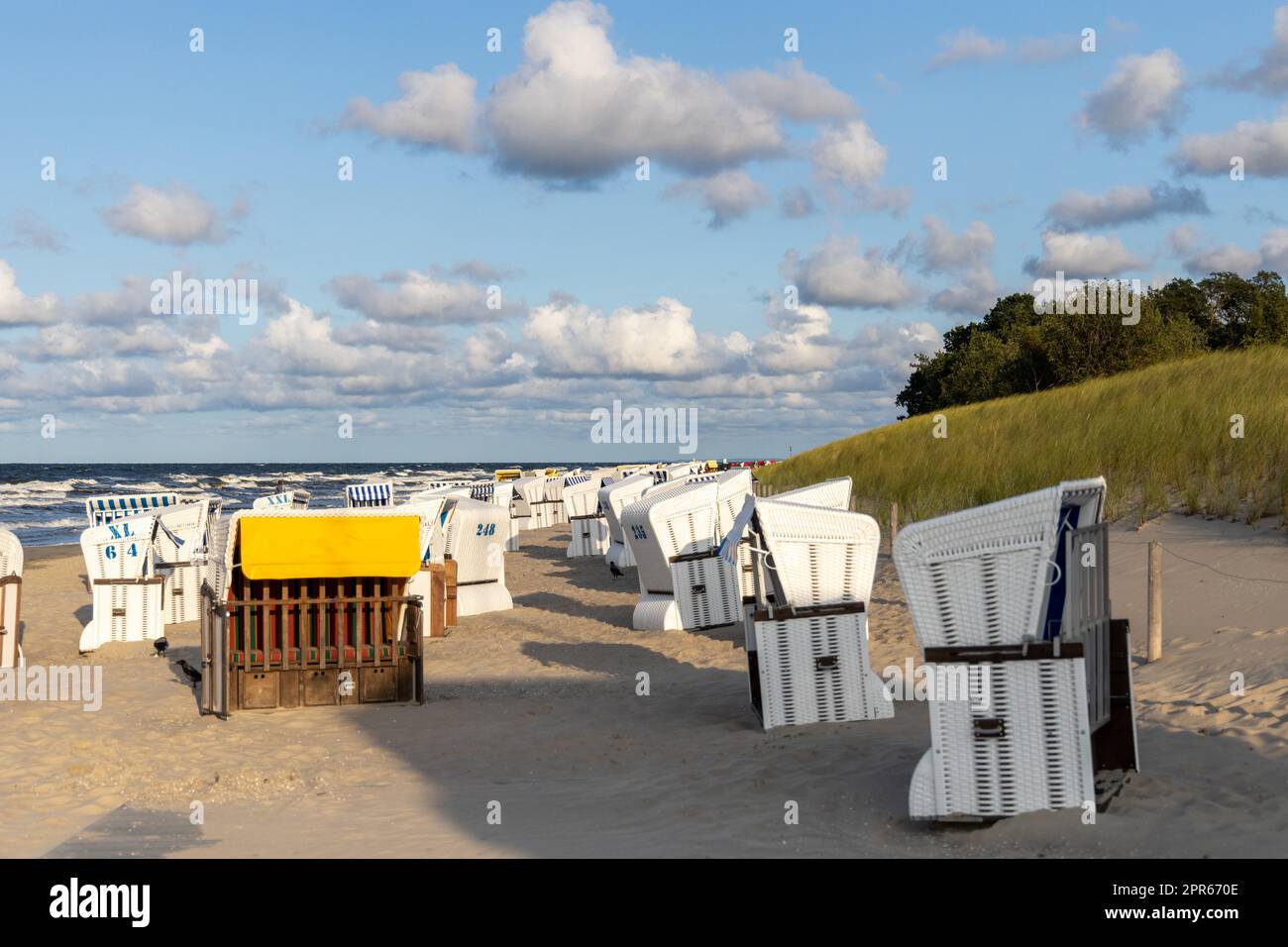 The view of the beach of Zempin on the island of Usedom with many beach ...