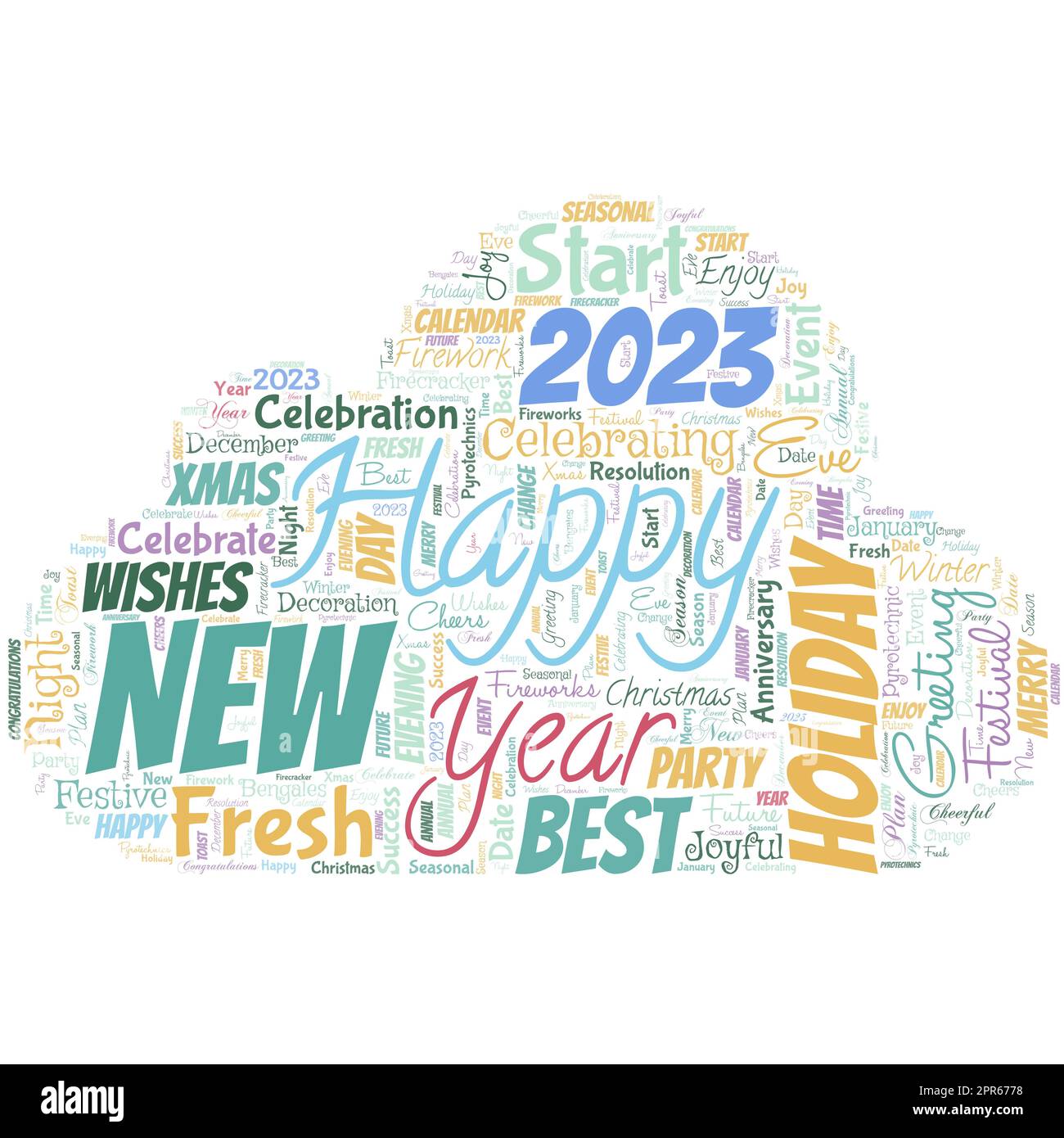 Big word cloud with words Happy New Year 2023. Greeting. Celebrating ...