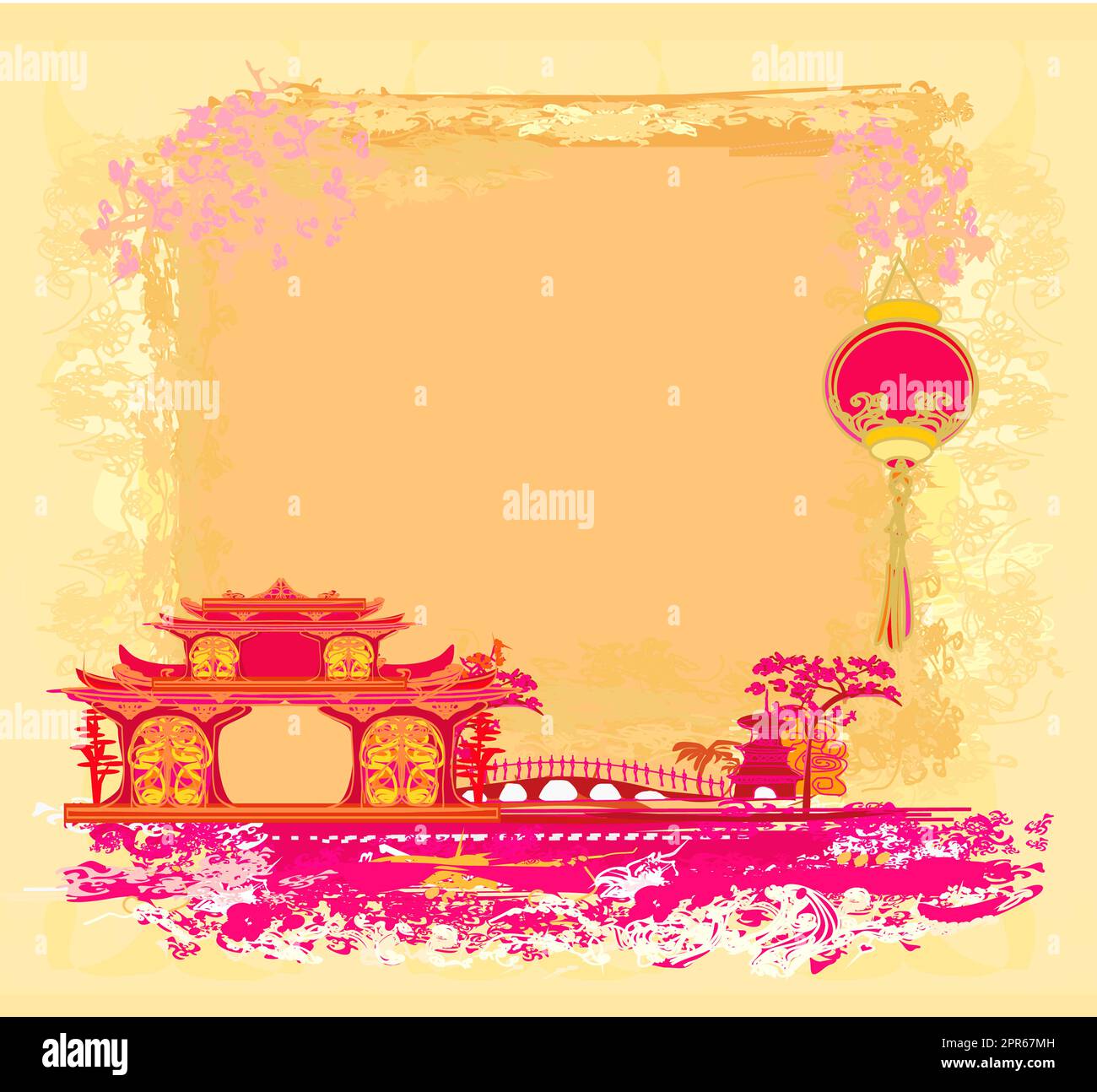 old paper with Asian Landscape and Chinese Lanterns - vintage japanese ...