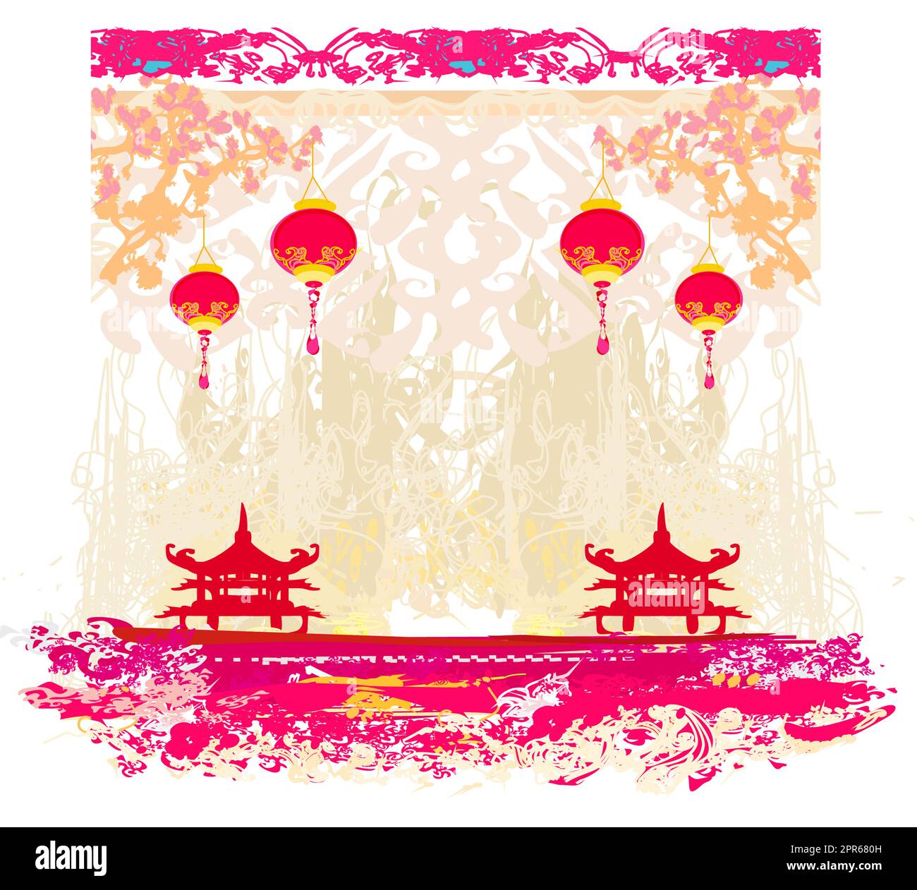 old paper with Asian Landscape and Chinese Lanterns - vintage japanese ...