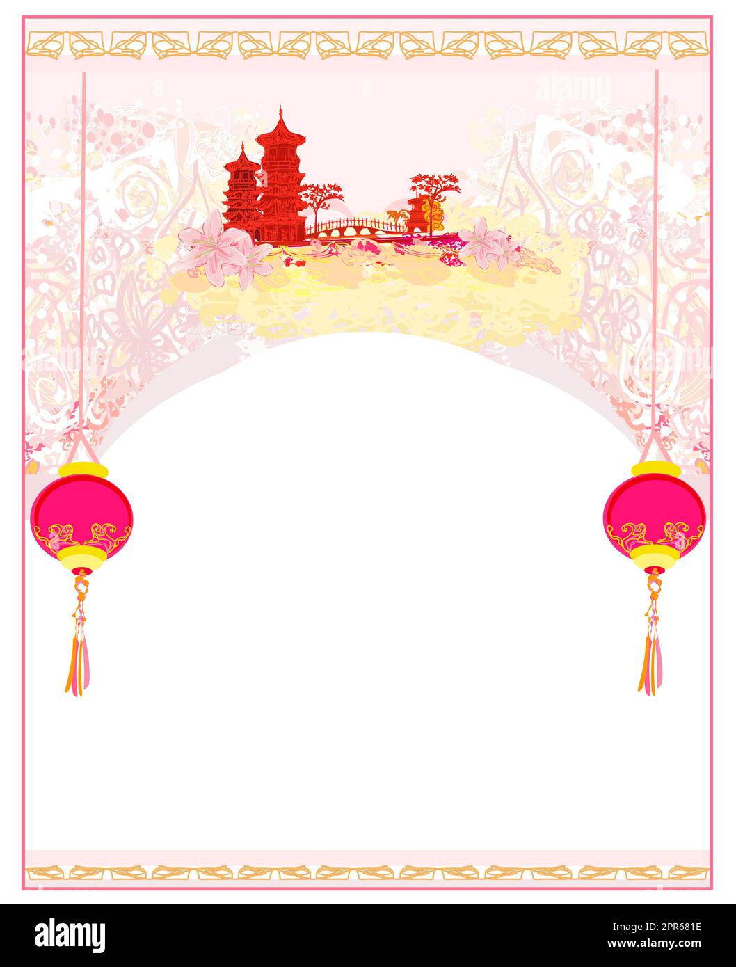 old paper with Asian Landscape and Chinese Lanterns - vintage japanese ...