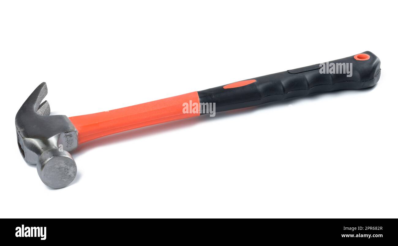 Metal hammer with rubber black handle isolated on white background ...