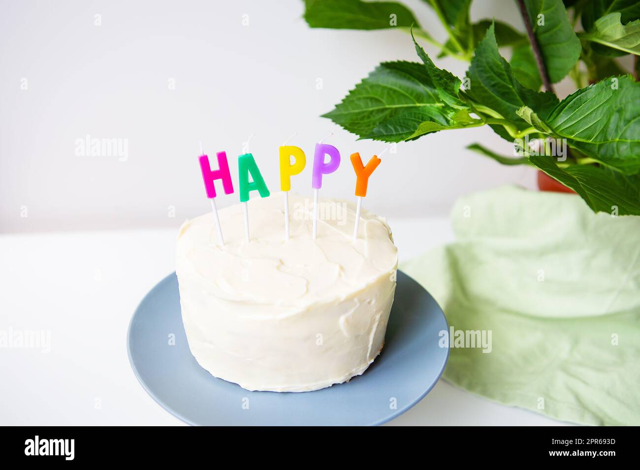 Birthday cake, on a creamy biscuit the inscription happiness. Surprise ...