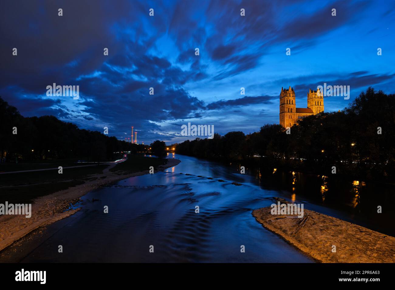 Isar river, park and St Maximilian church from Reichenbach Bridge ...