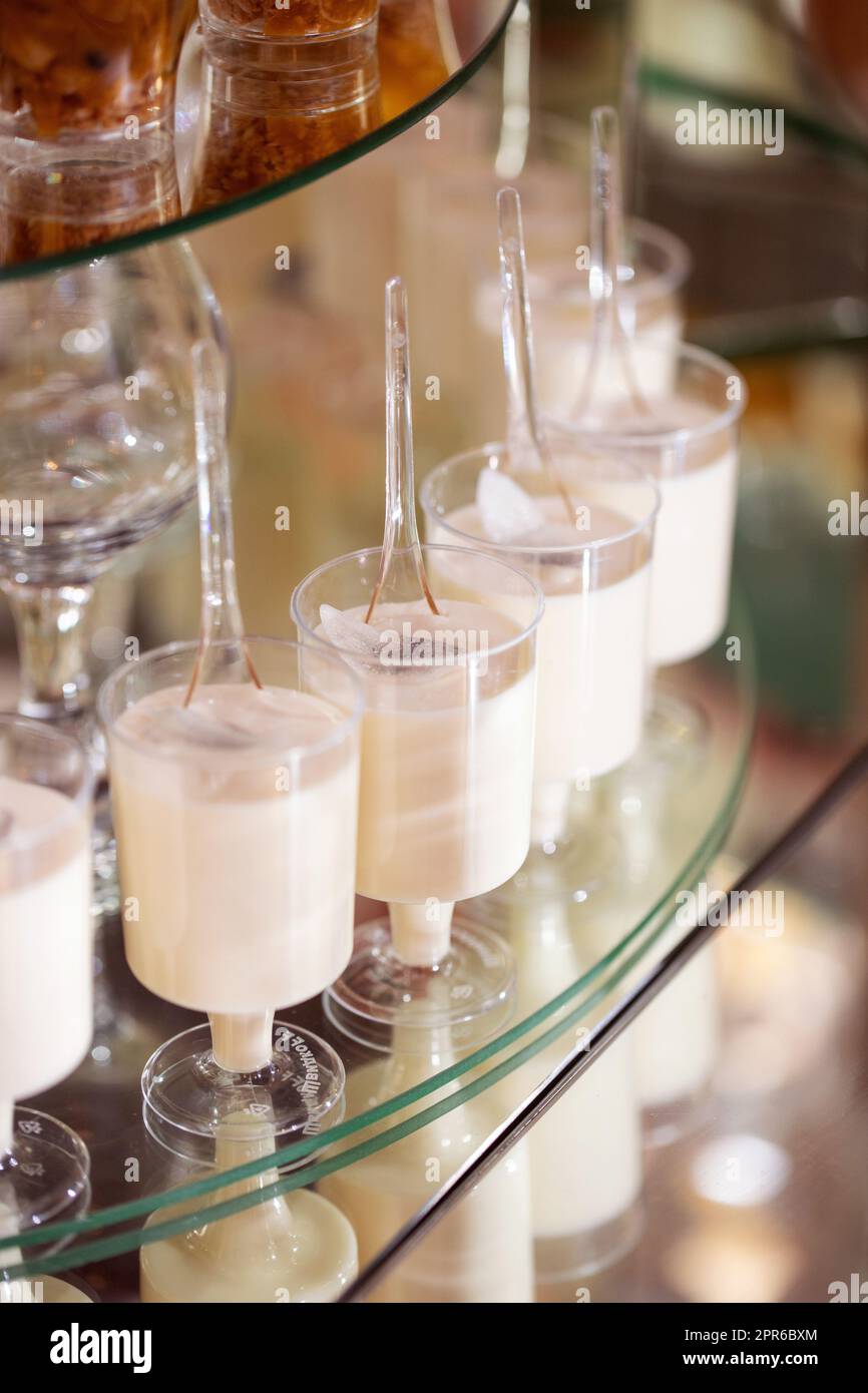 Fresh, appetizing, sweet, modern desserts close up on a decorated ...