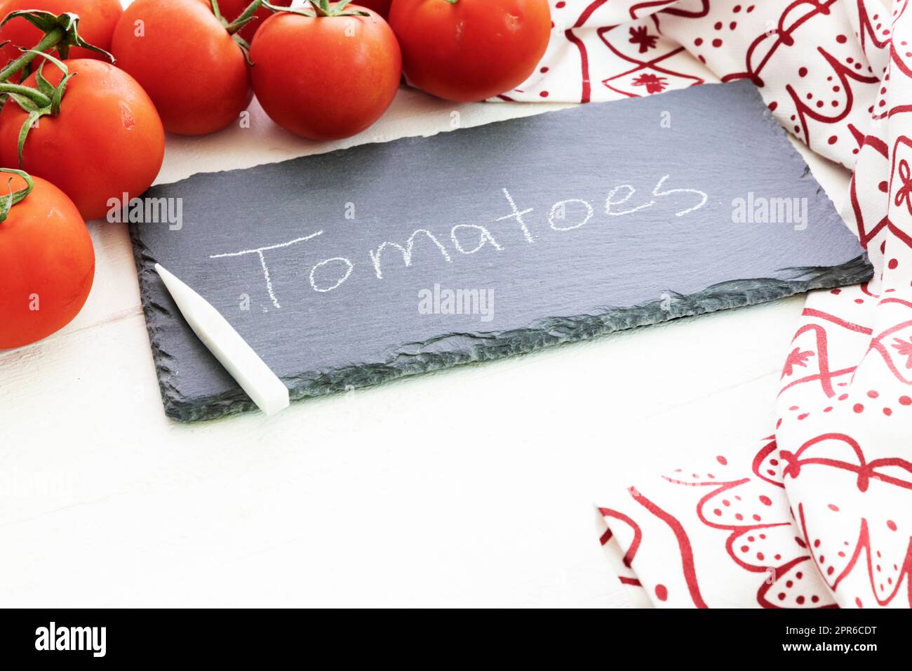 Fresh Tomatoes and Chalkboard Sign Stock Photo - Alamy