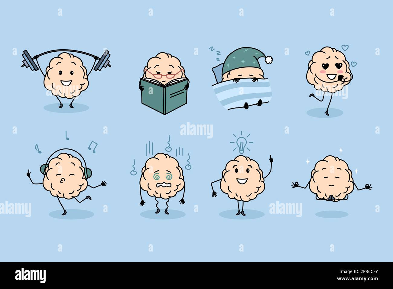 Set of diverse funny human brain icons do daily routine activities ...