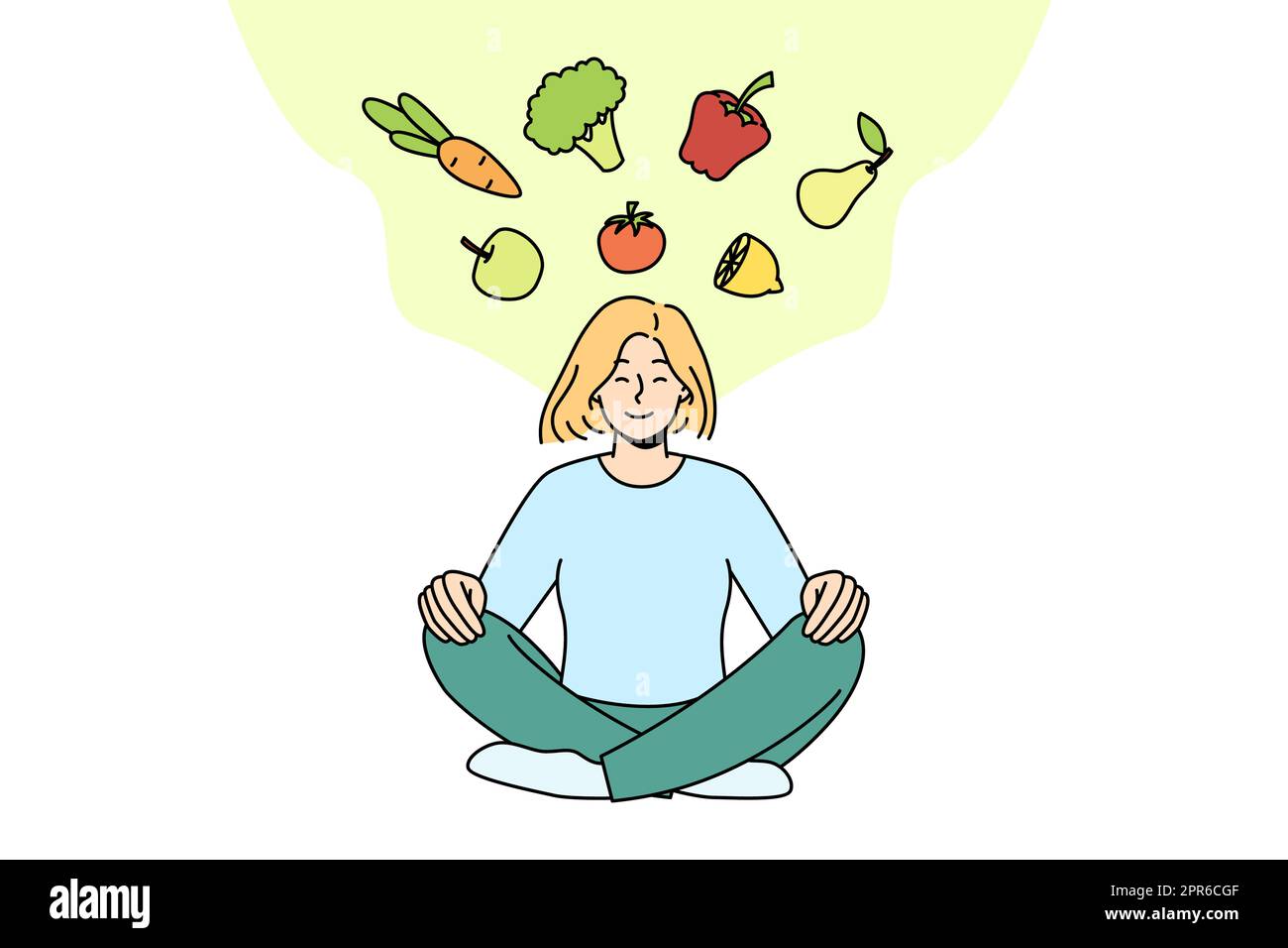 Calm young woman meditating thinking of healthy eating. Happy girl in ...