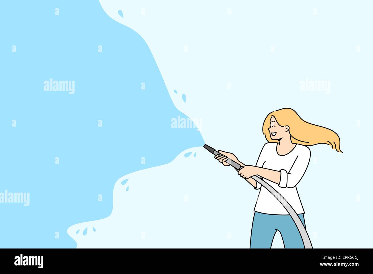 Happy woman watering with hose during summer activity festival. Smiling ...