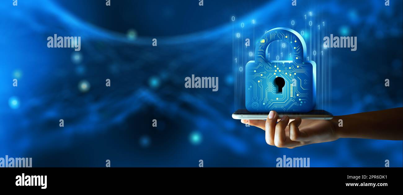 Man hand holding Padlock with Keyhole on Smartphone. Modern safety ...