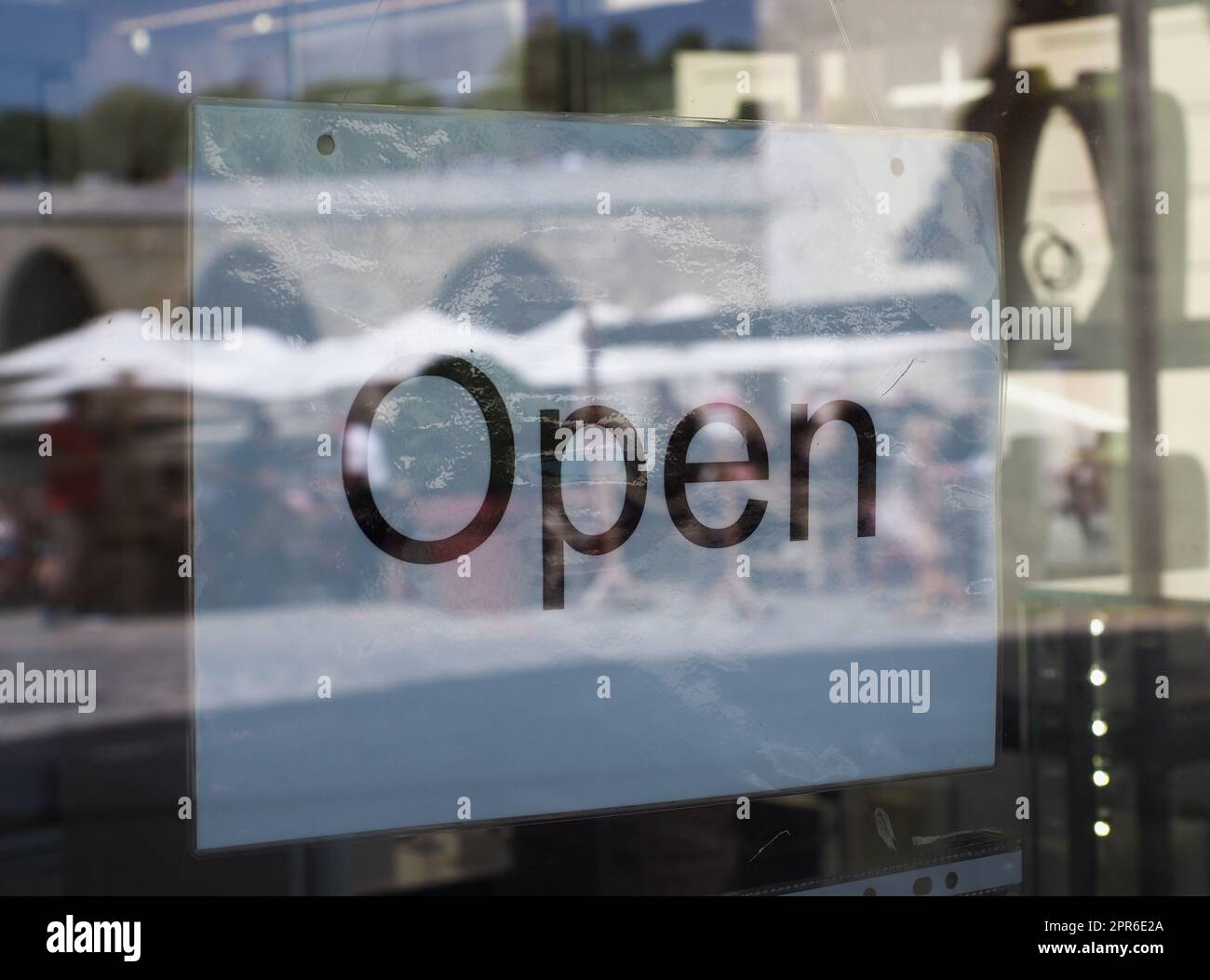 Open sign in shop window Stock Photo - Alamy