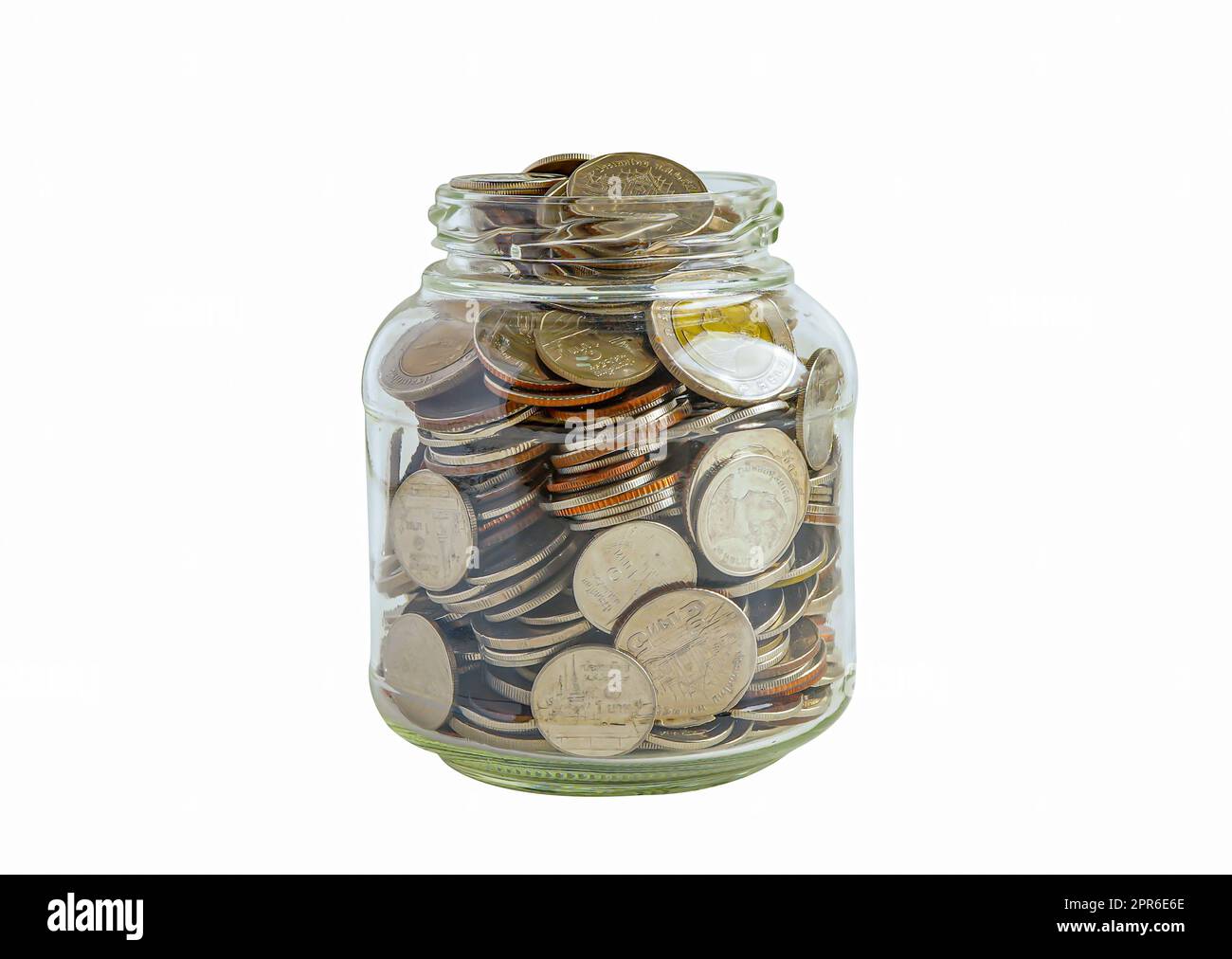 Money coins in grass jar isolated on white background with clipping ...