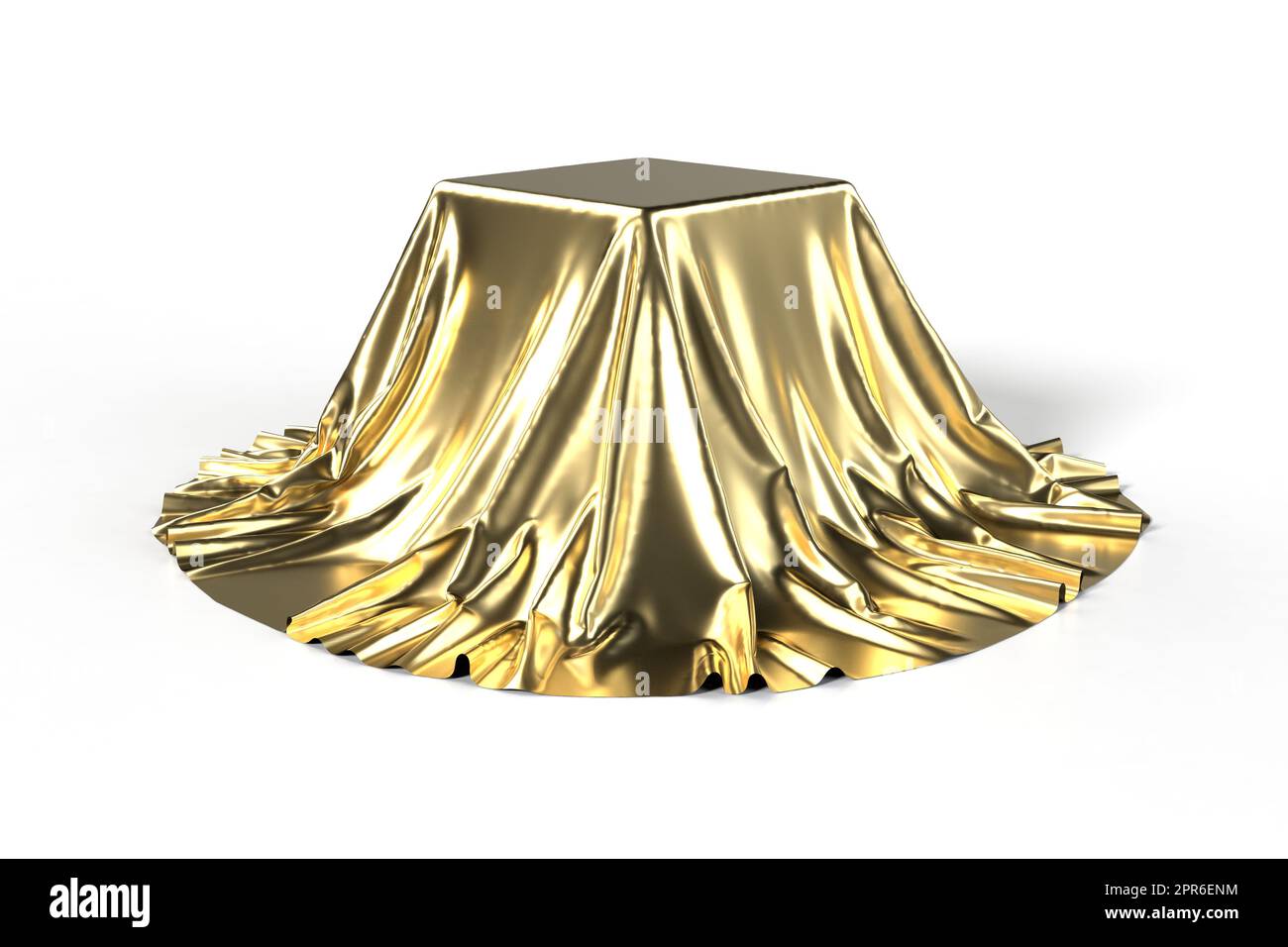 Box covered with golden fabric. Isolated on white background. Surprise ...