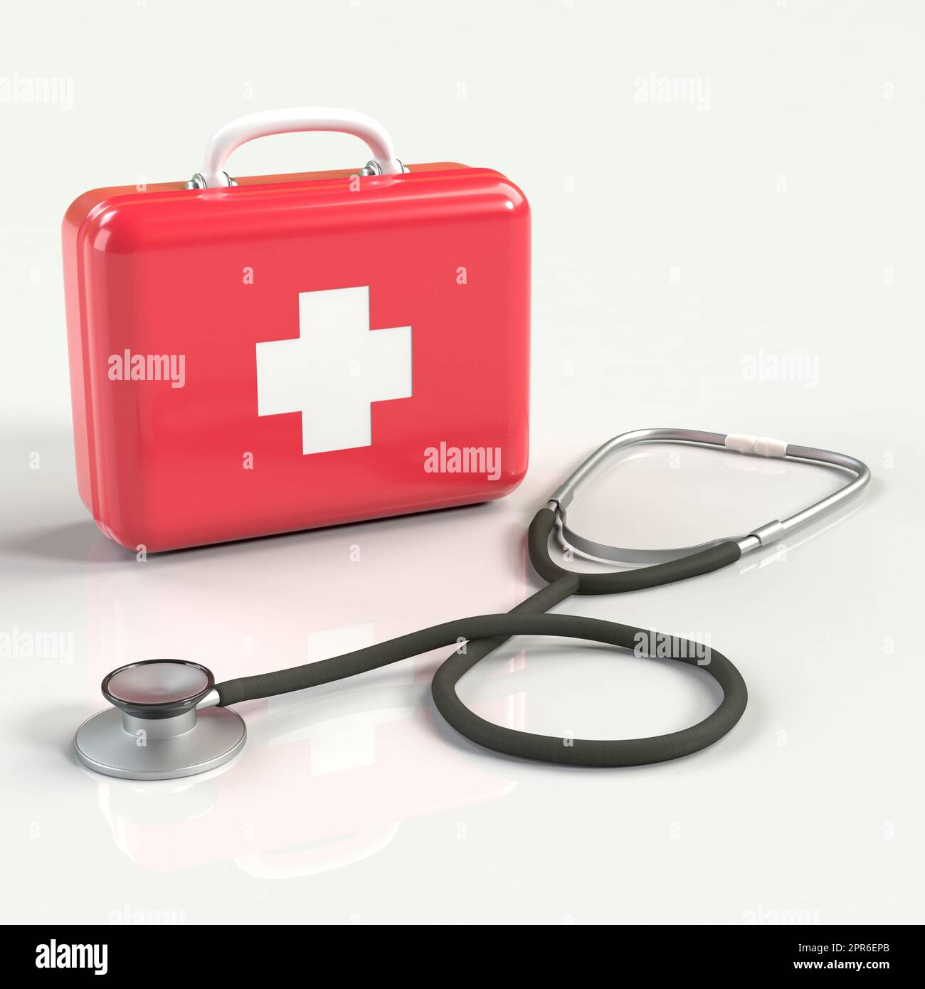 First aid kit with stethoscope. Red doctor's bag with white cross with ...