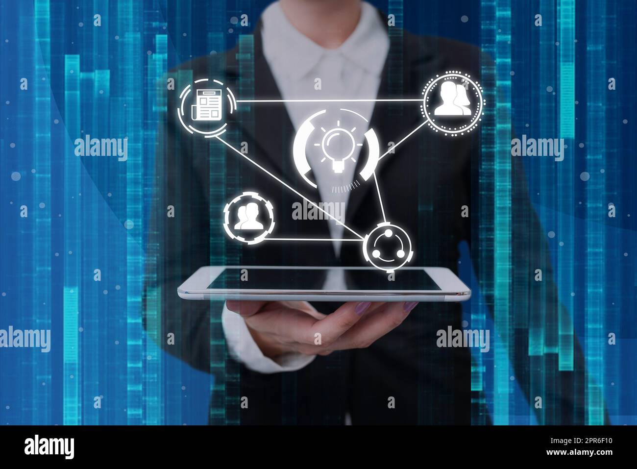 Lady in suit holding tablet presenting innovative thinking symbolizing ...