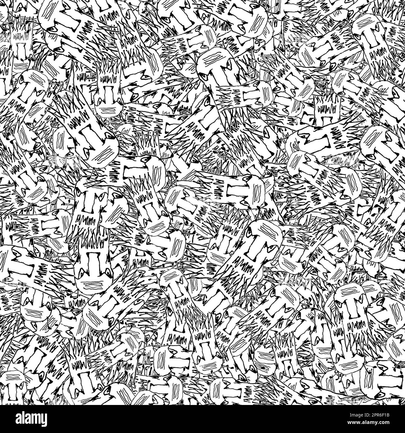 Black and white pencil drawing angry expression monster motif pattern ...