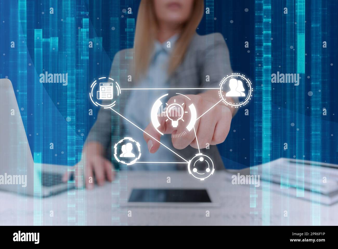 Lady in suit pointing finger represents global innovative thinking ...