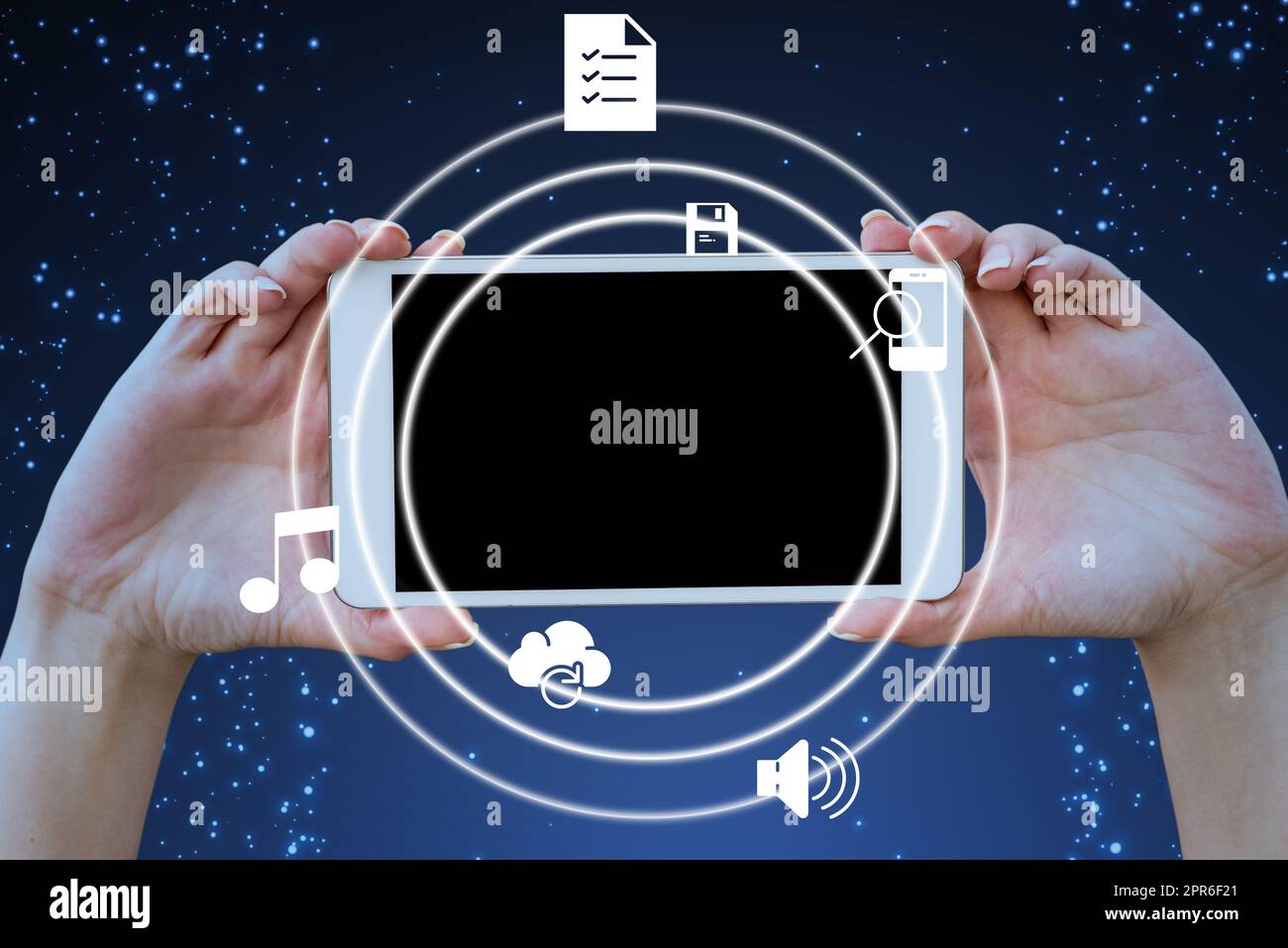 Hands holding tablet presenting innovative ideas symbolizing futuristic ...