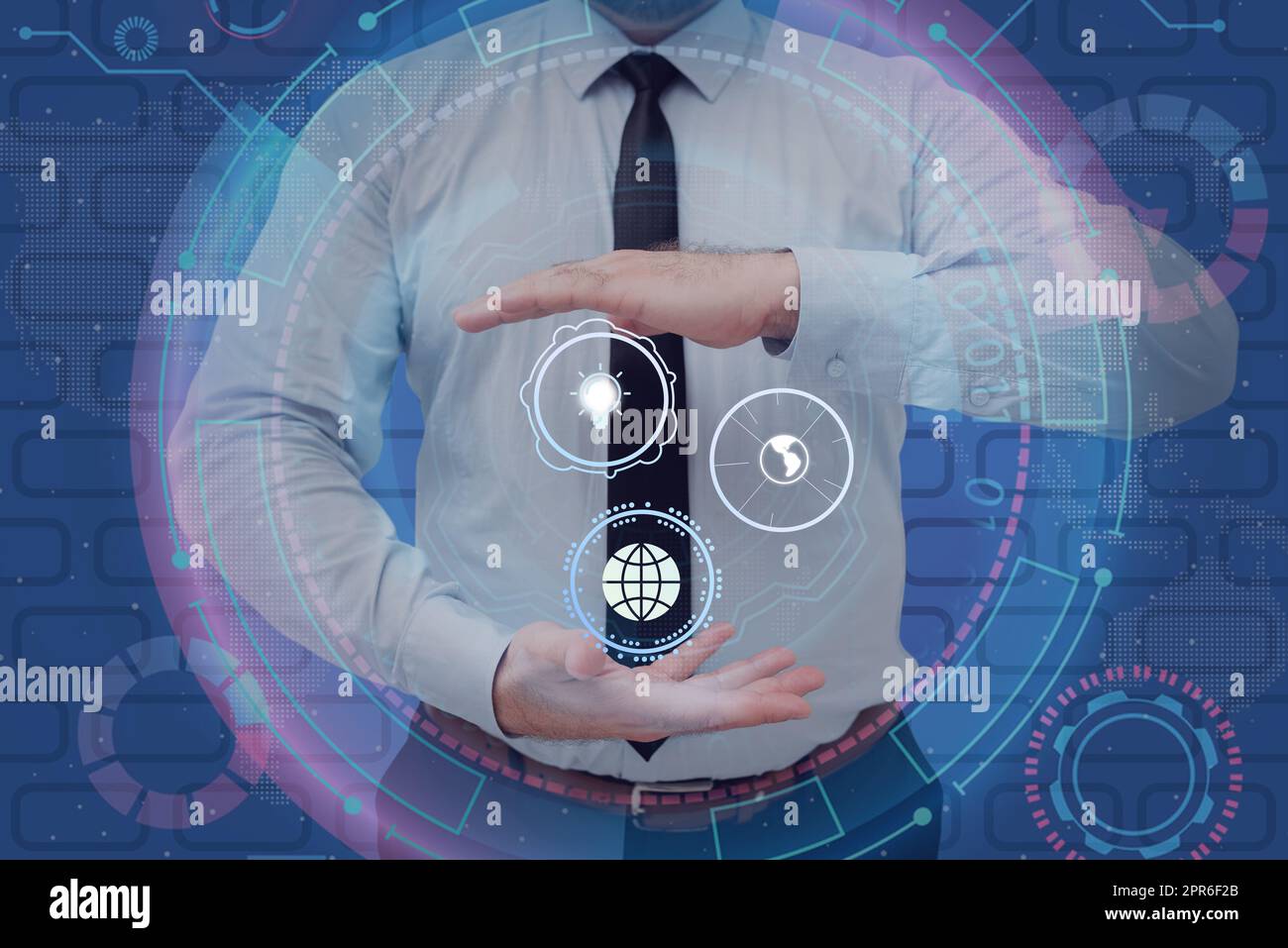 Businessman in suit holding open palms represents innovative thinking ...