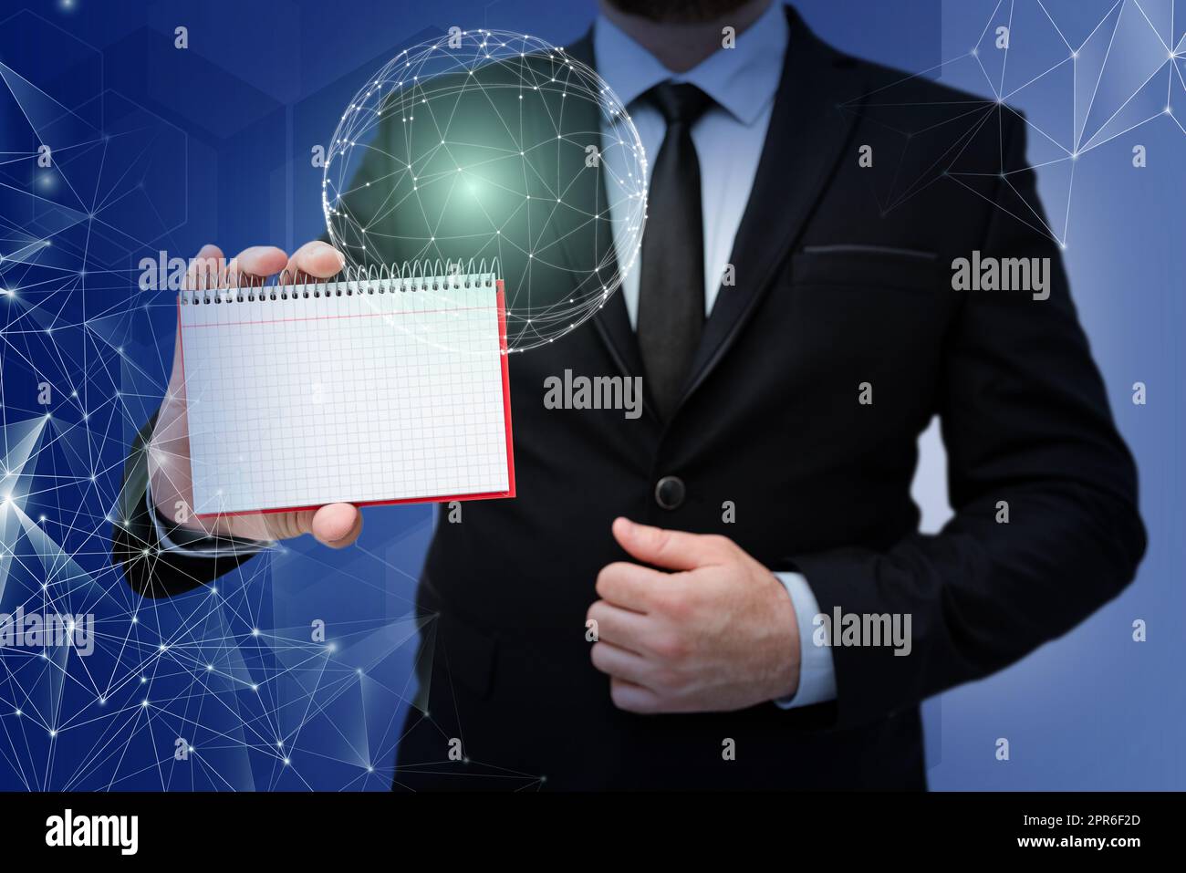 Businessman in suit holding notepad represents global innovative thinking accomplishing teamwork ...