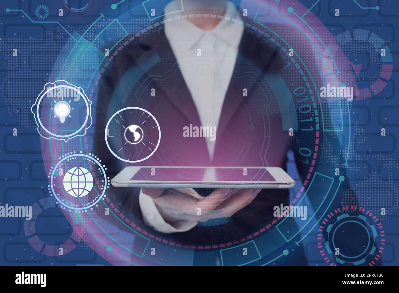 Lady in suit holding tablet presenting innovative thinking symbolizing ...