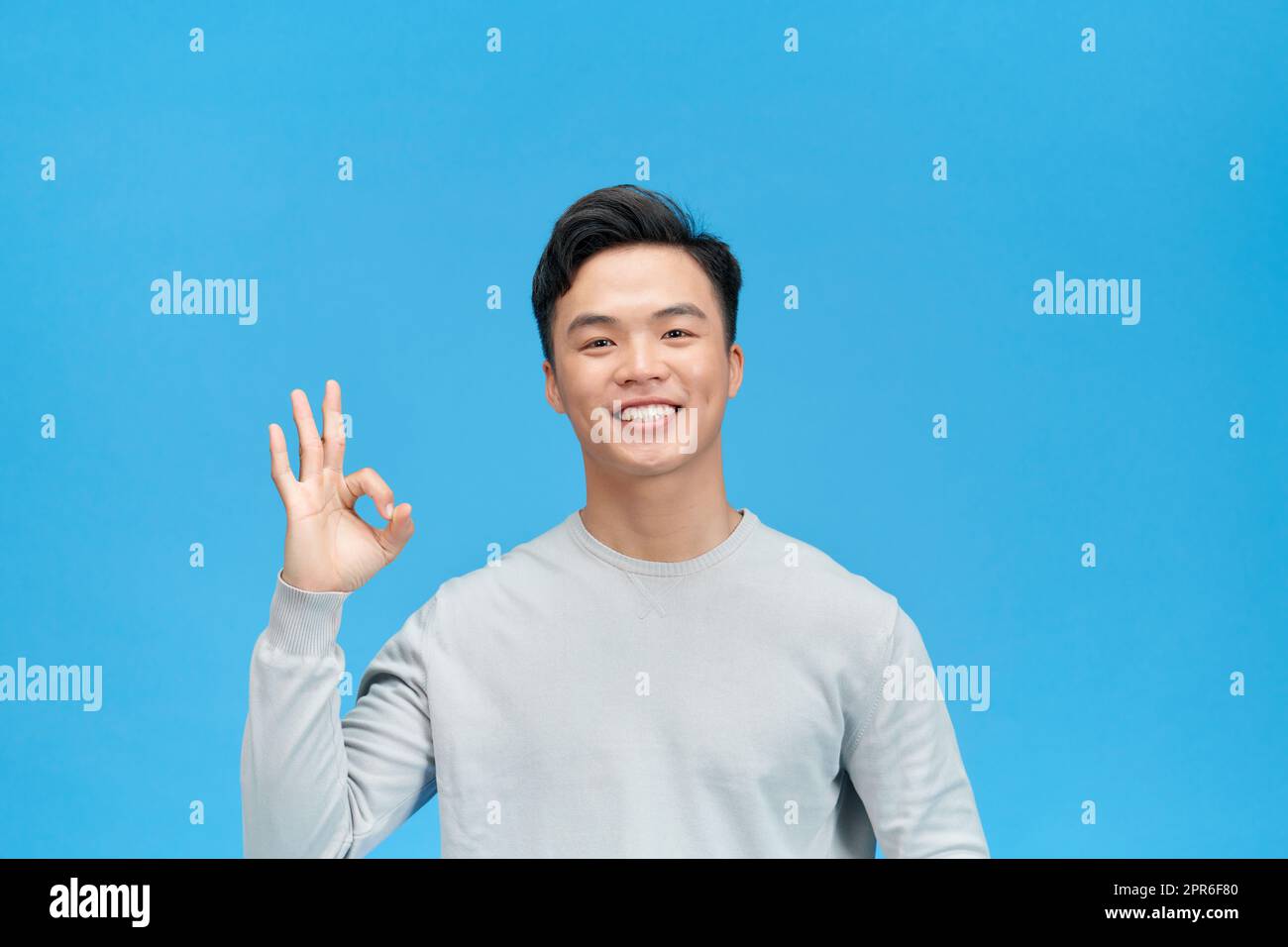 Portrait of happy excited asian guy doing approval ok gesture with ...