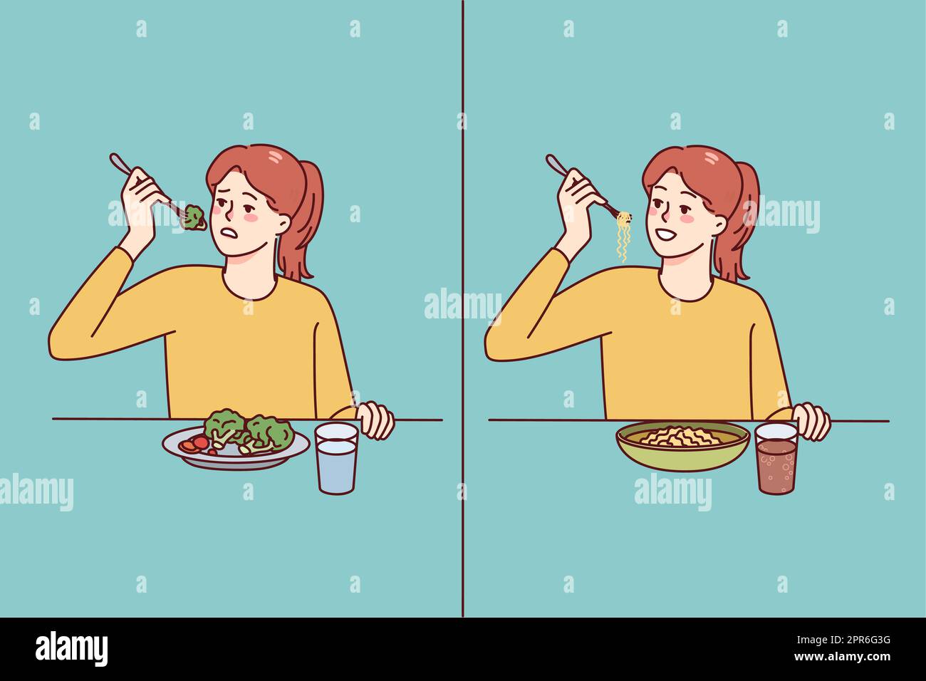 Girl eating healthy and unhealthy food. Child emotions with nutritional ...